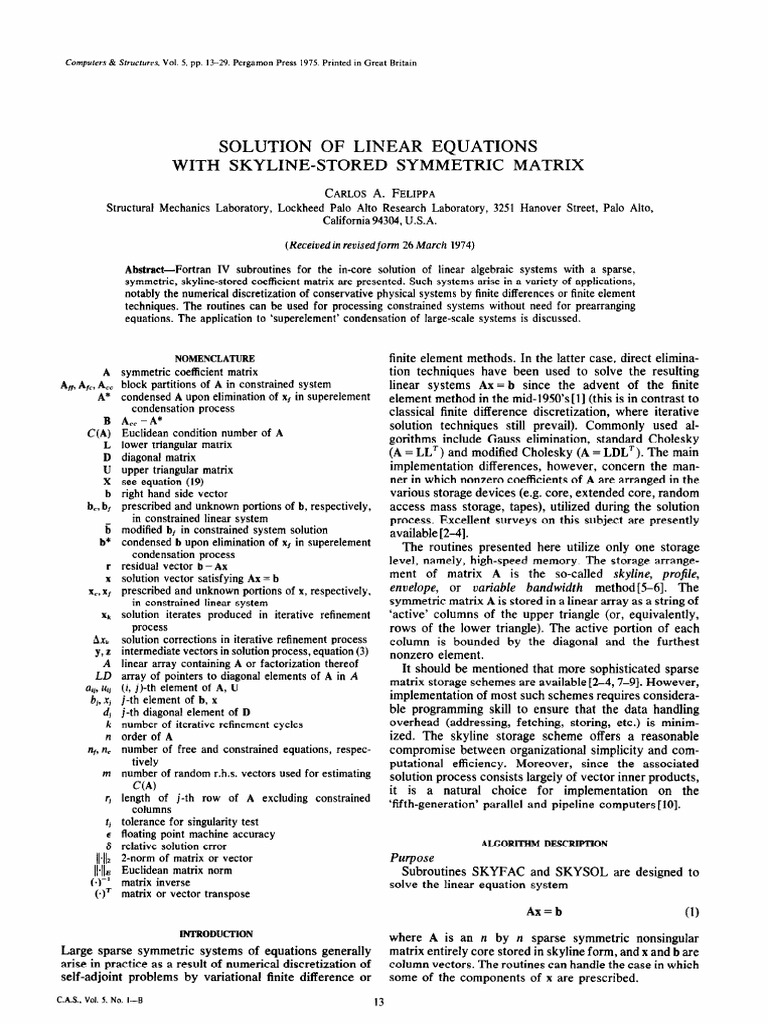 (Felippa) Solution of Linear Equations With Skyline-Stored Symmetric Matrix | Download Free PDF ...