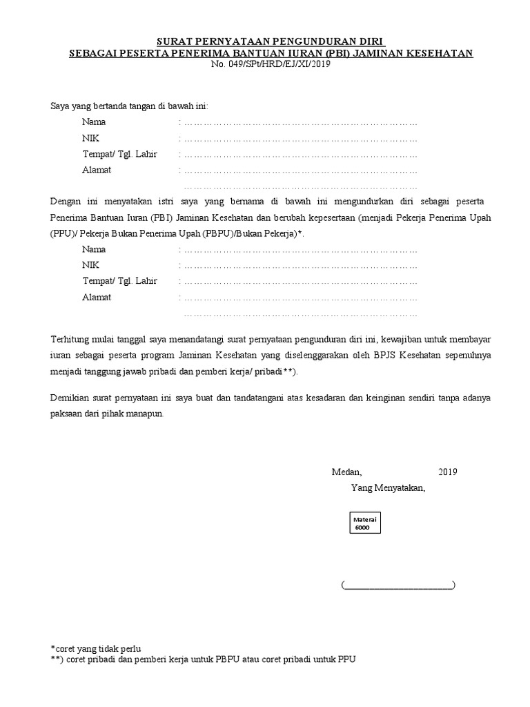 Surat Pernyataan PINDAH PBI (Untuk Istri) | PDF | Hukum