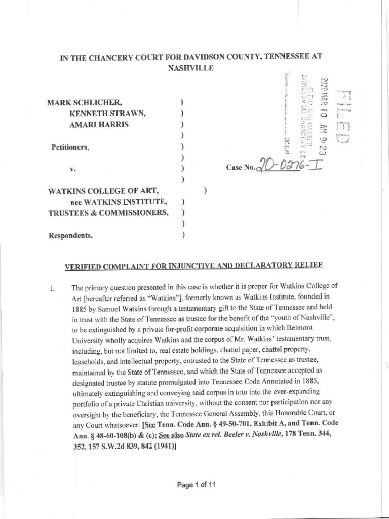 Watkins College Group Complaint and Temporary Restraining Order ...