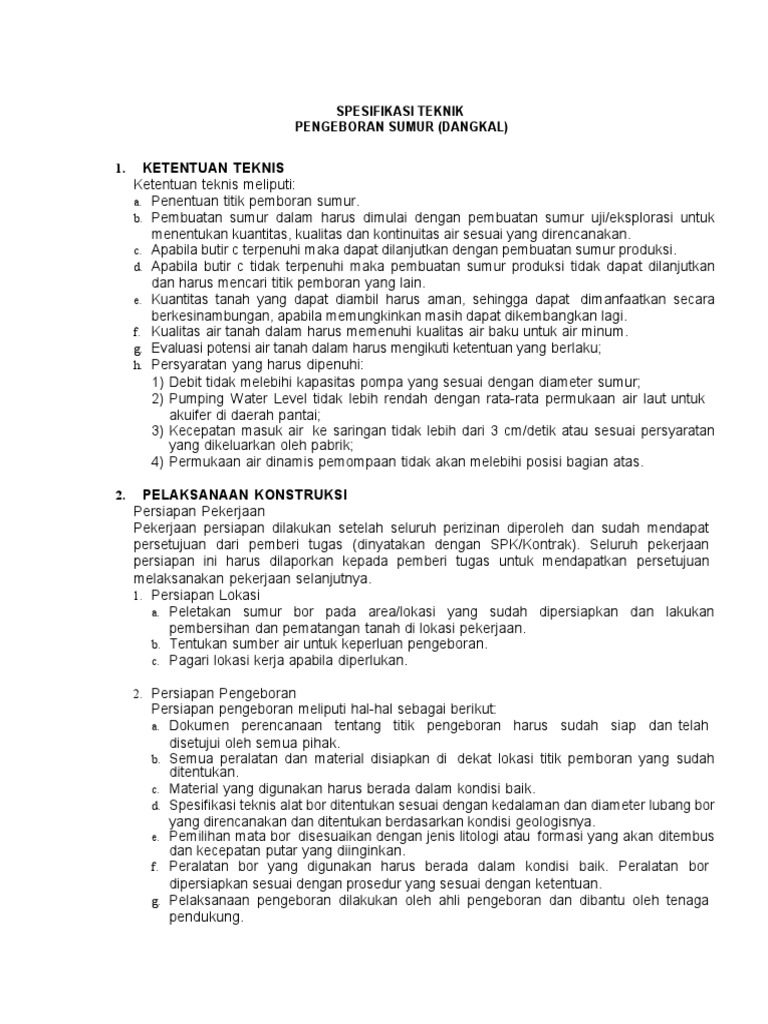 Spesifikasi Teknik Sumur Bor (Dangkal) | PDF