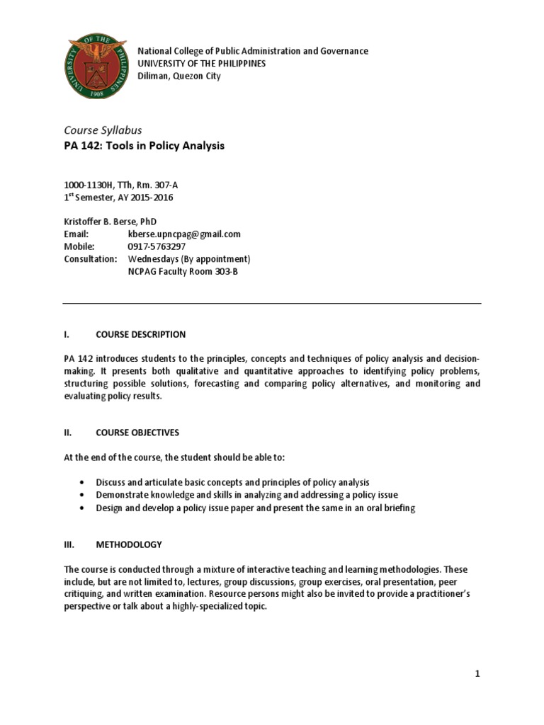 Syllabus PA142 1stsem2015-2016 KBB | PDF | Policy Analysis | Analysis