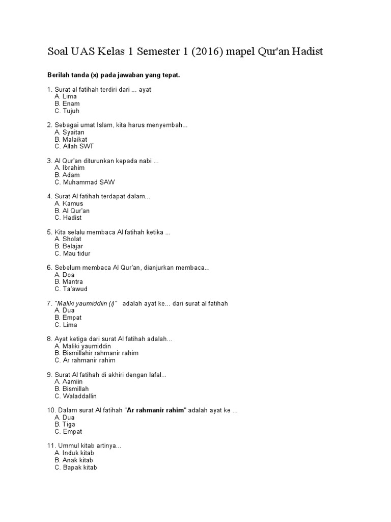 Soal UAS Kelas 1 Semester 1 Al Qur'an Hadist | PDF