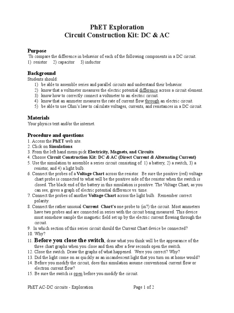 PhET AC/DC Circuit Simulation Guide | PDF | Electrical Network | Series ...