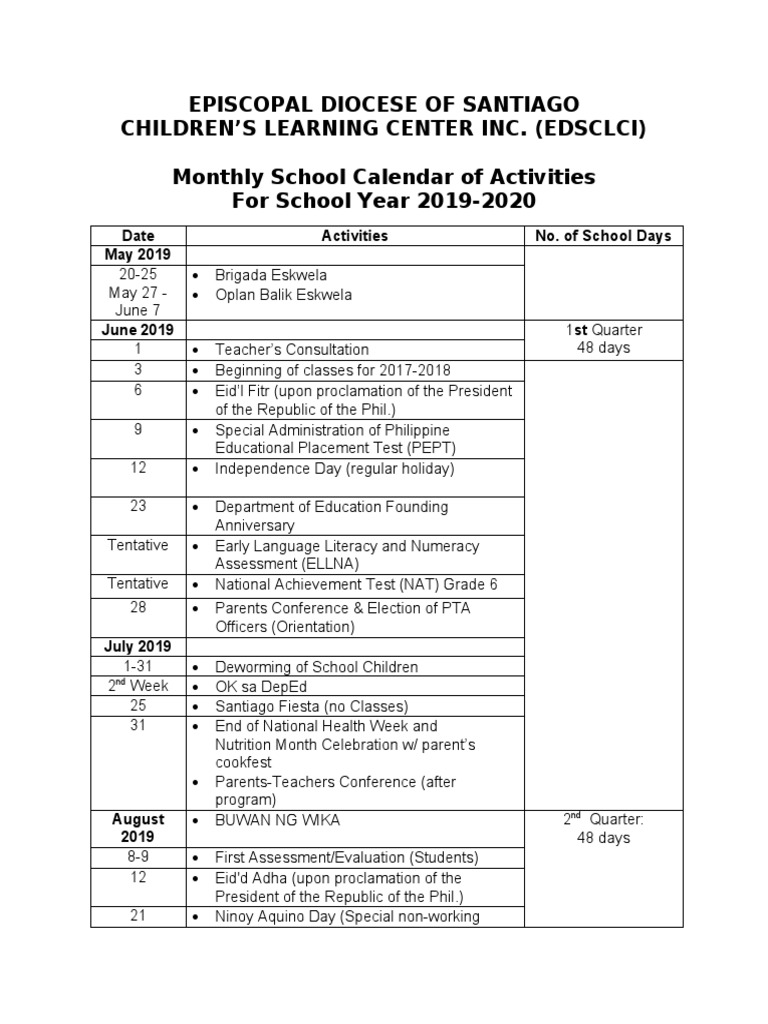Monthly School Calendar of Activities | PDF | Festival | Holidays