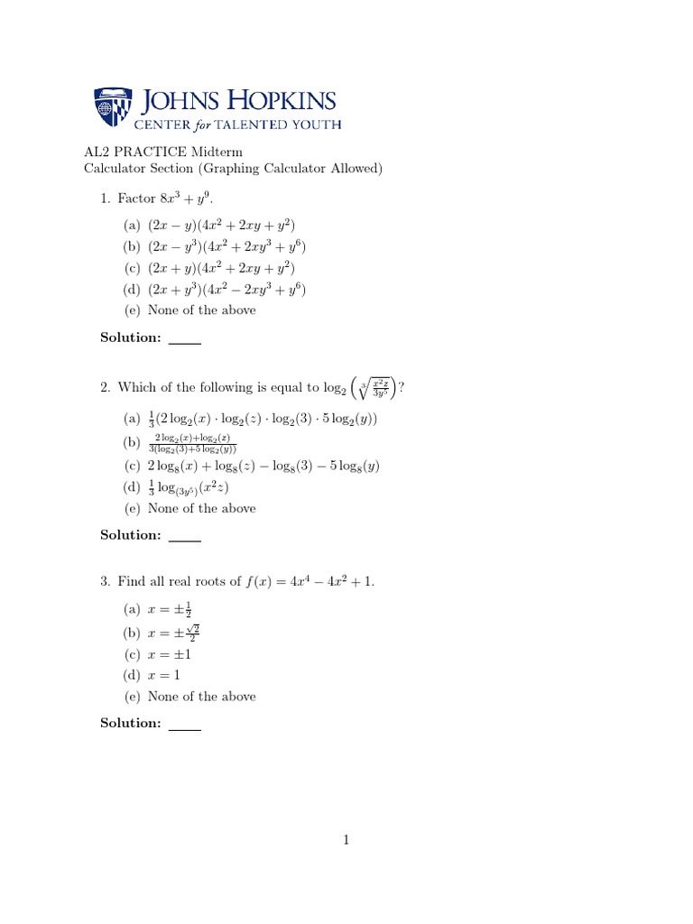 Algebra 2 Test For Lessons 23 MIDTERM | PDF | Asymptote | Elementary ...