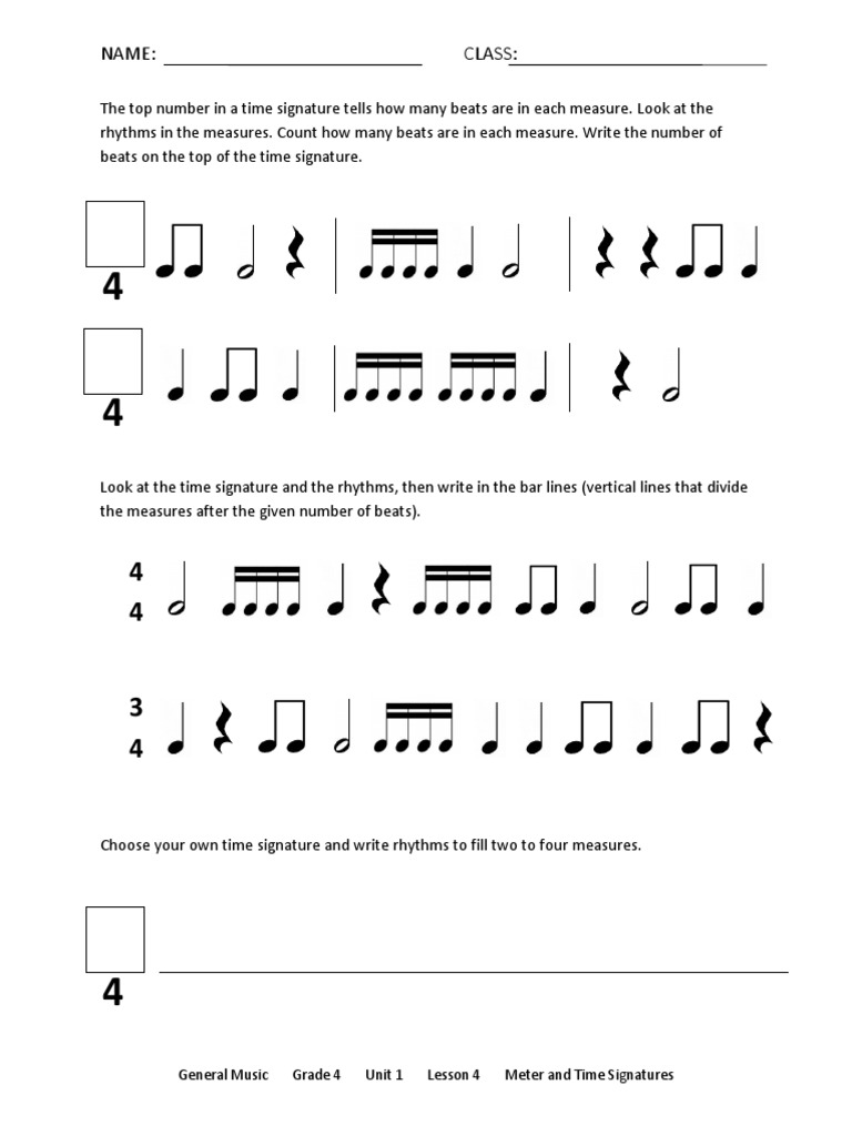 Fourth Grade Music - Time Signature Worksheet | PDF