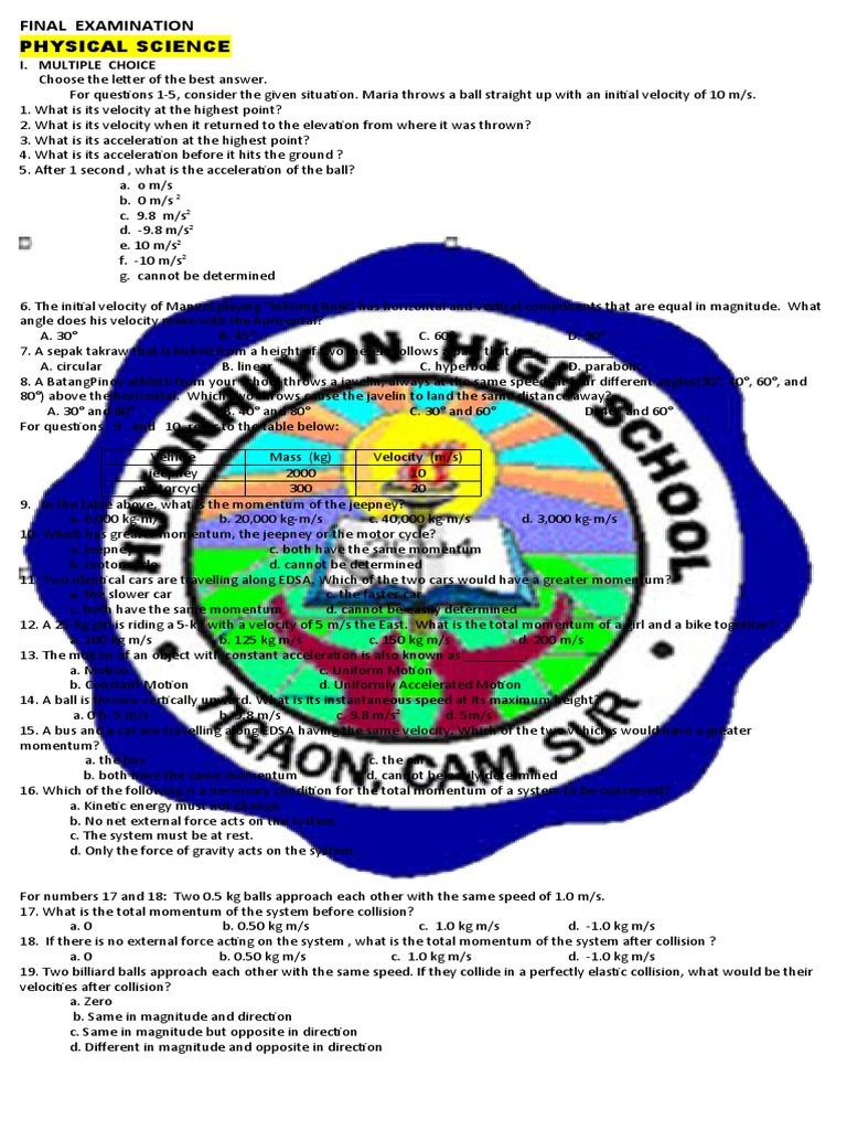 Physical Science Final Exam Review | PDF | Momentum | Collision