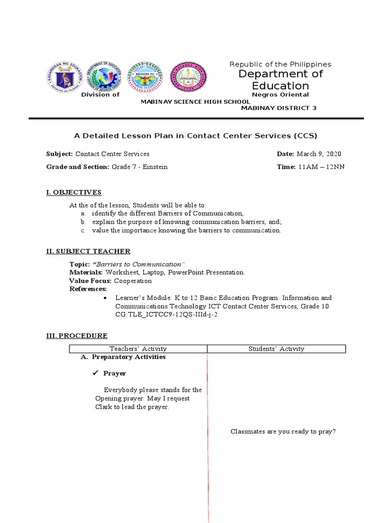 A Detail Lesson Plan in Contact Center Service in Grade 7 | PDF | Lord ...