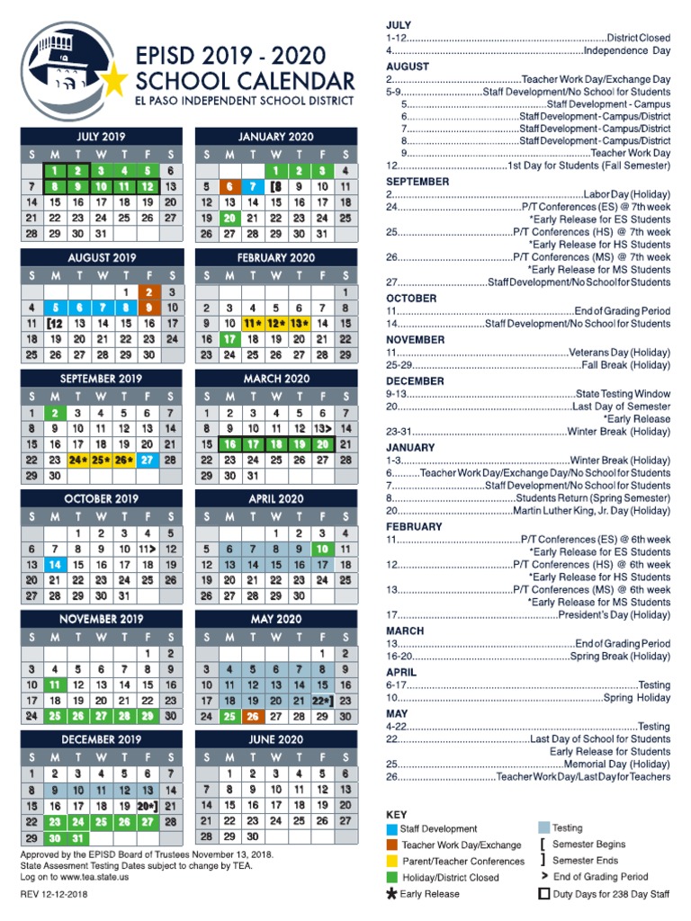 2019-20 Episd Student Calendar Final | PDF