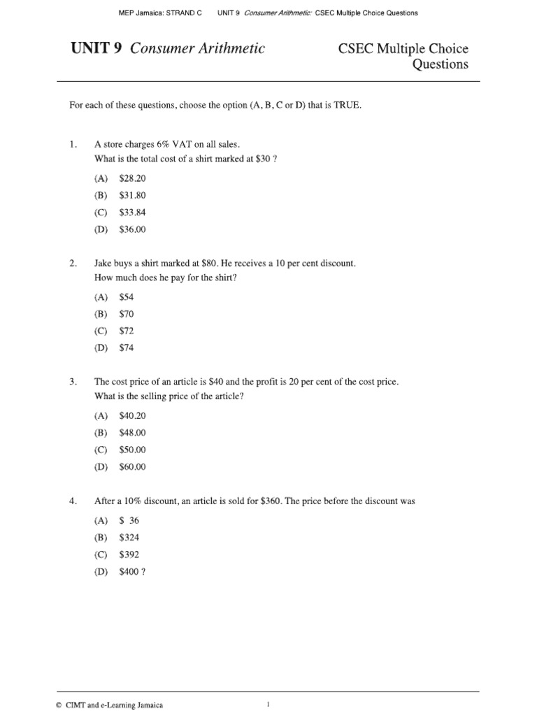 Consumer Arithmetic Test | PDF
