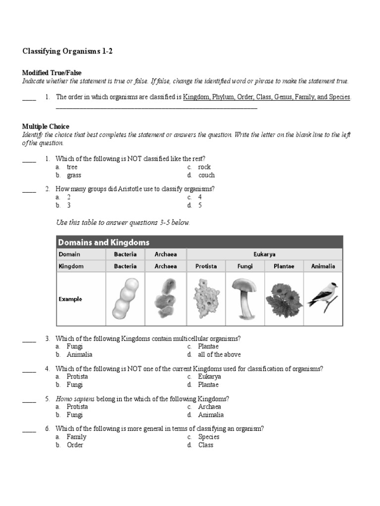 Classifying Organisms Worksheet Packet