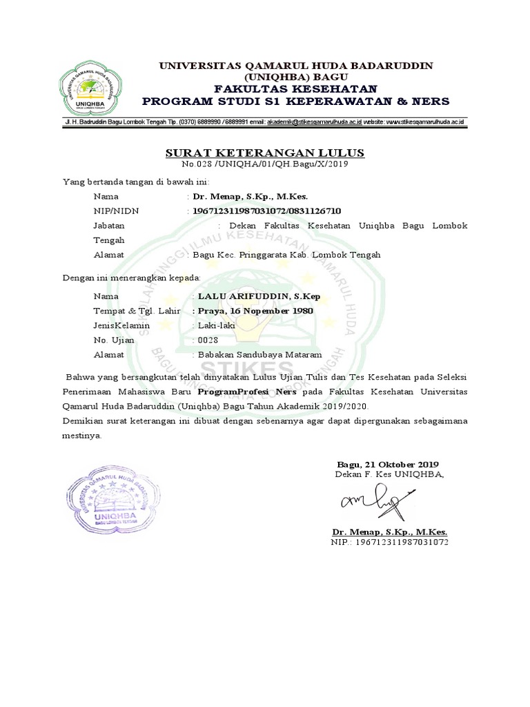 Surat Keterangan Lulus UNIQHBA 2019 | PDF