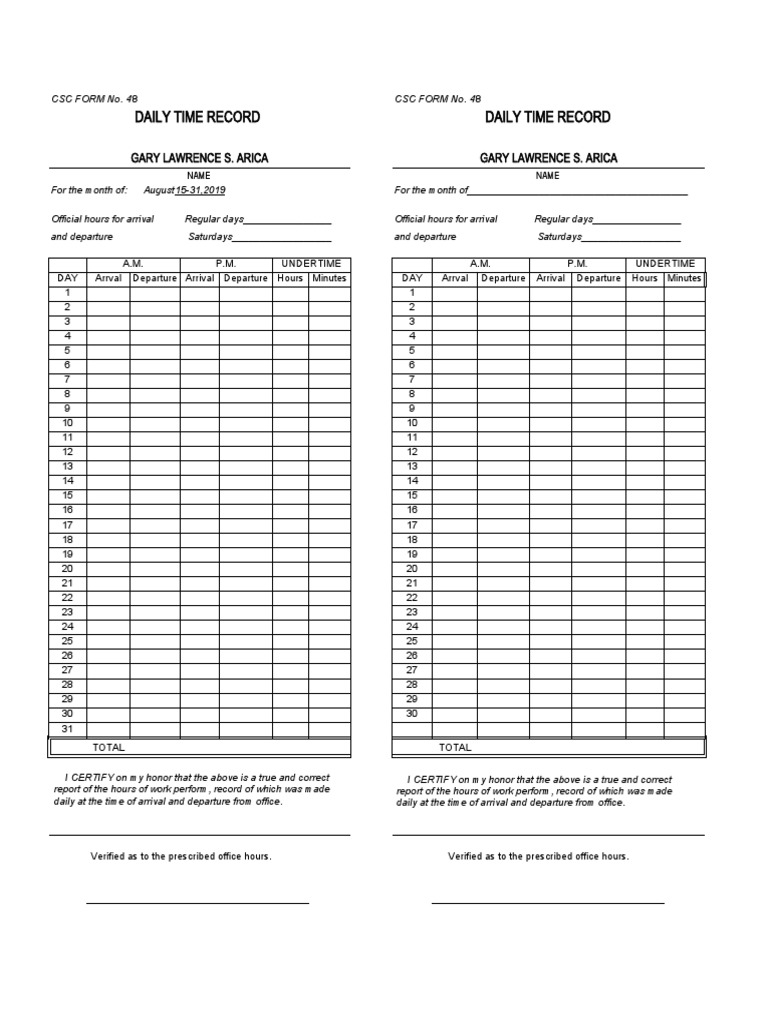 Daily Time Record Template CSC Form 48 | PDF