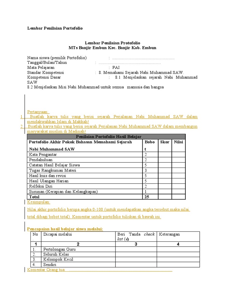 Contoh Penilaian Portofolio PAI | PDF