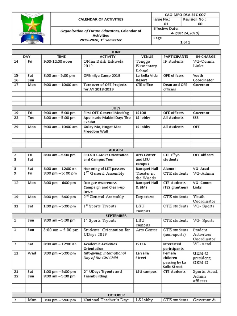 03 Calendar of Activities | PDF