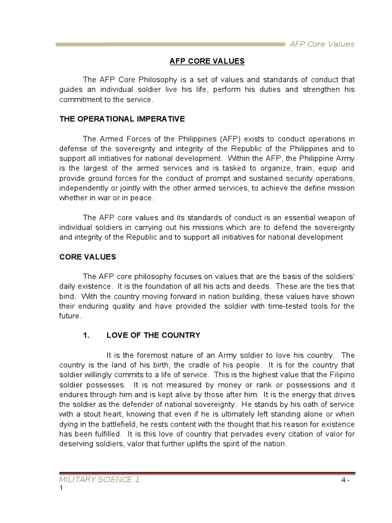 MS 1 4 1D AFP Core Values Ok | PDF | Courage | Value (Ethics)