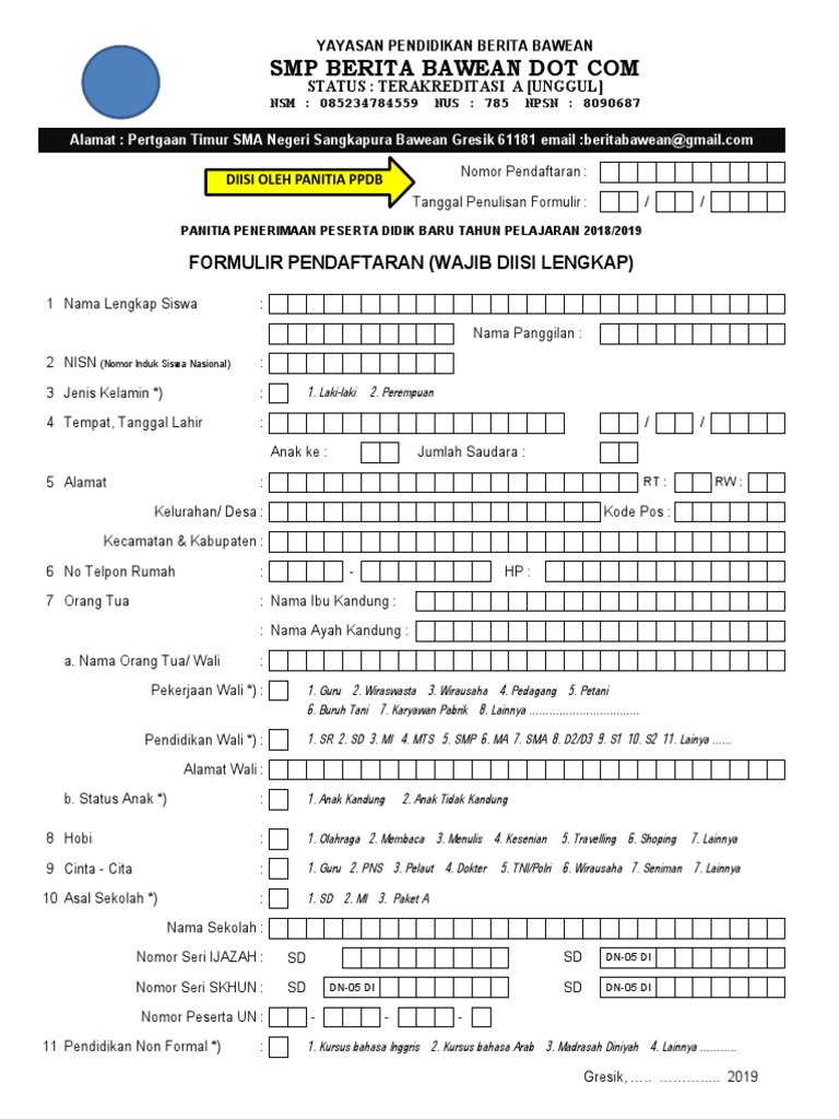 Formulir Pendaftaran Siswa Baru SMP | PDF