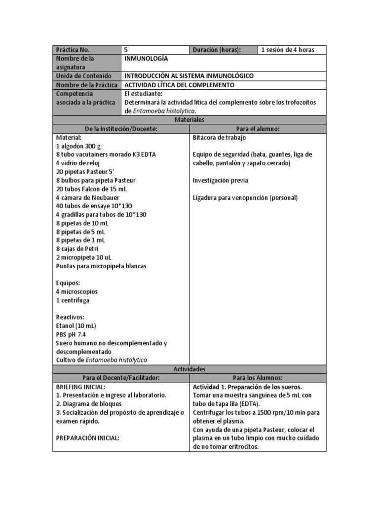 Práctica 5 Actividad Lítica Del Complemento PDF | PDF | Medicina CLINICA | Especialidades Medicas