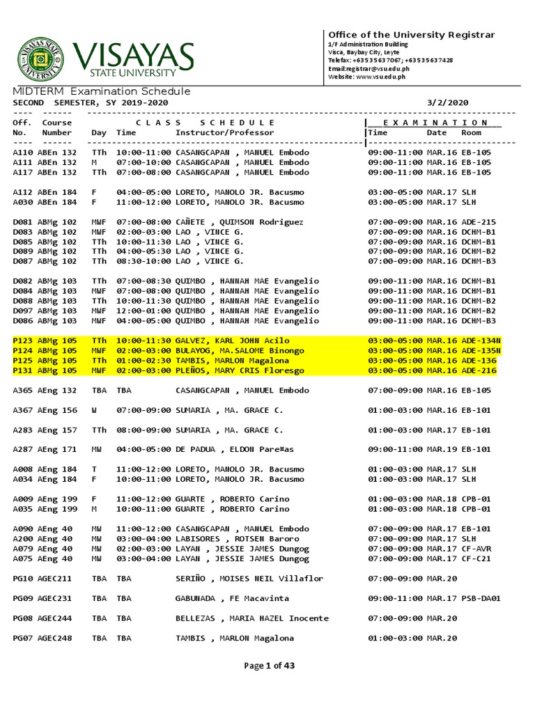 VSU Midterm Exam Schedule 2019-2020 | PDF
