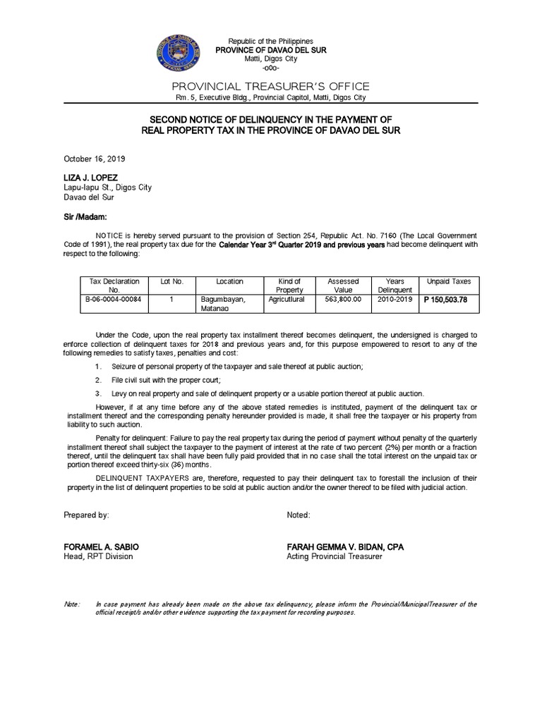 A Notice of Delinquency Letter | PDF | Property Tax | Taxpayer