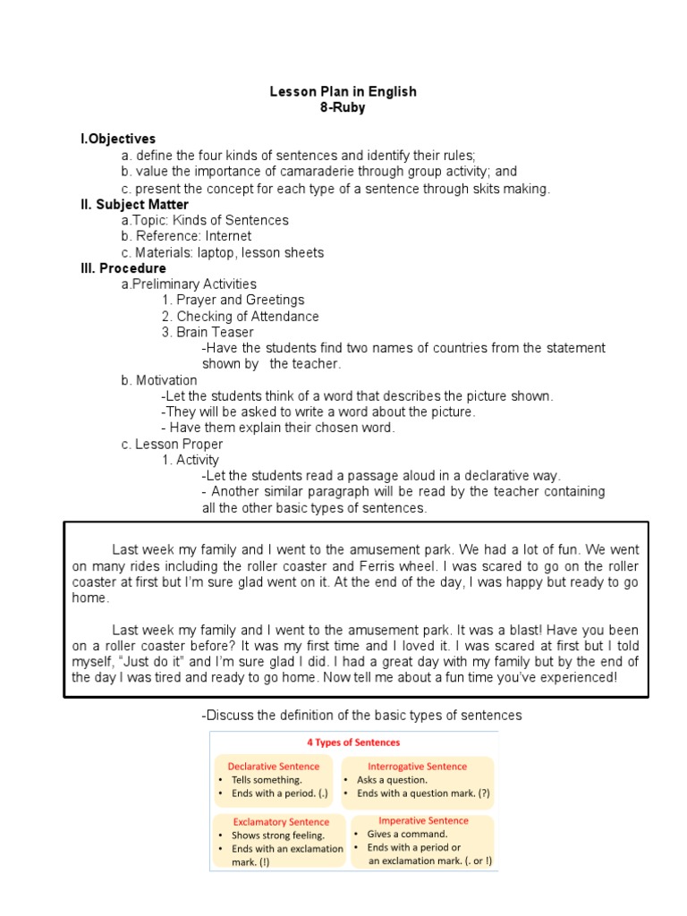 Direct Method Lesson Plan | PDF | Lesson Plan | Sentence (Linguistics)