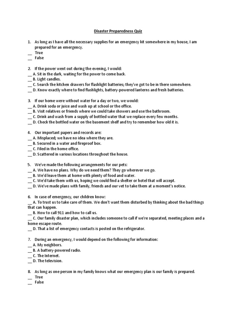 Disaster Preparedness Quiz | PDF | Emergency Management | Emergency