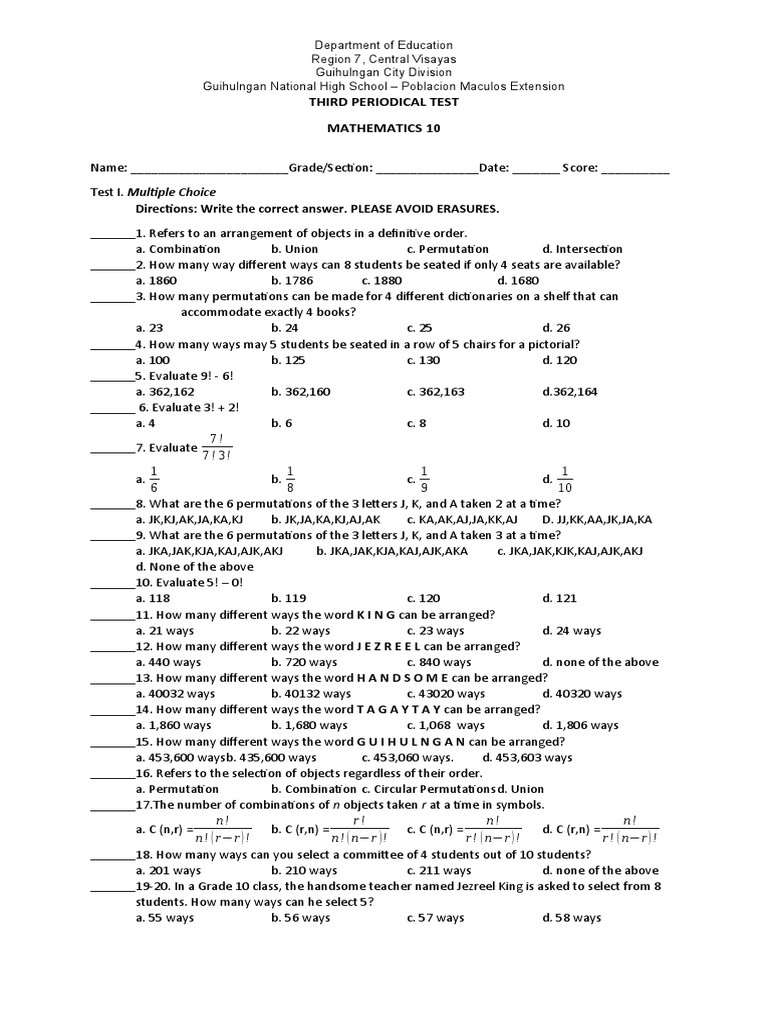 Grade 10 Mathematics Periodical Test | PDF | Permutation | Teaching ...