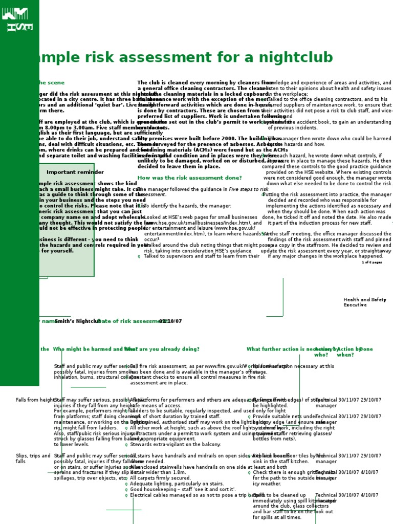 Example Risk Assessment For A Nightclub 1 | PDF | Risk Assessment | Hazards