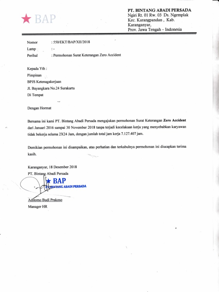 Surat Pengajuan Zero Accident Ke BPJS Tenaga Kerja PDF | PDF