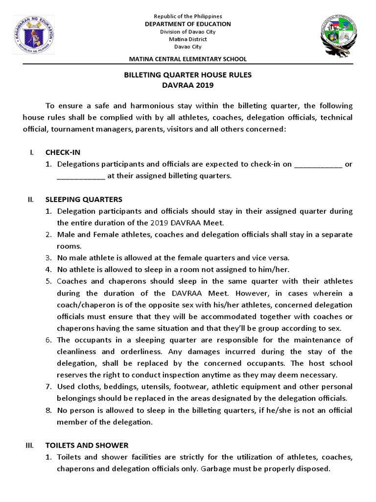 Billeting Quarter House Rules for DAVRAA 2019 | PDF | Government ...