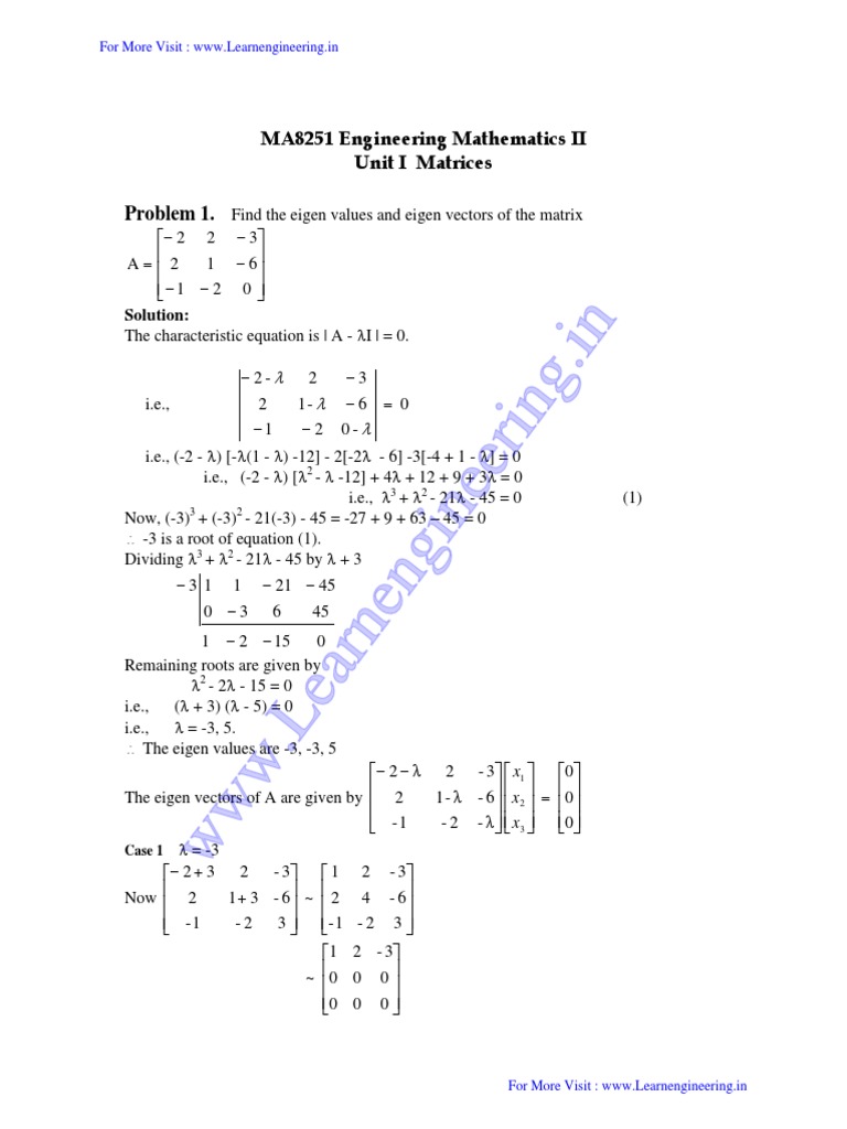 MA8251 - ENGINEERING MATHEMATICS - II - by WWW - LearnEngineering.in PDF | PDF | Eigenvalues And ...