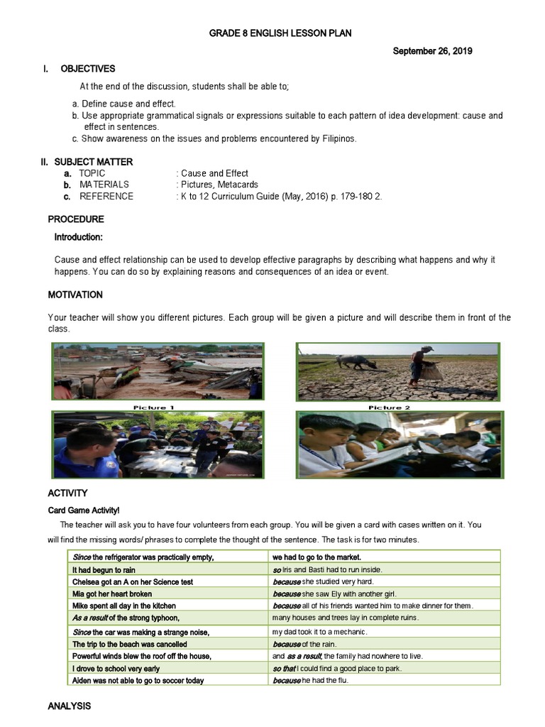 Grade 8 Cause and Effect Lesson Plan | PDF | Causality | Teachers