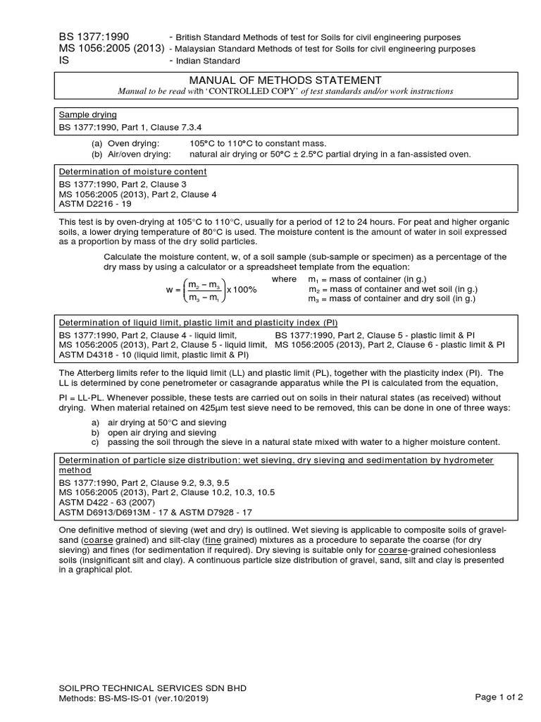 Methods for Testing Soils for Civil Engineering Purposes: Procedures ...