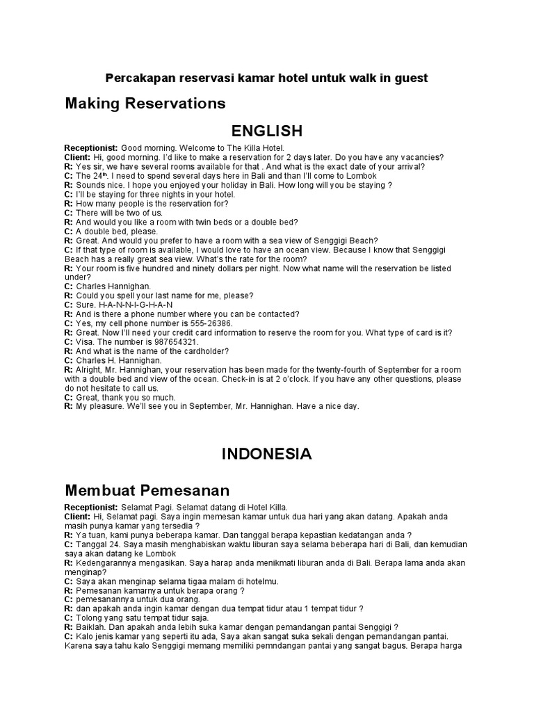Dialog Reservasi Kamar Hotel | PDF | Hospitality Industry | Services ...