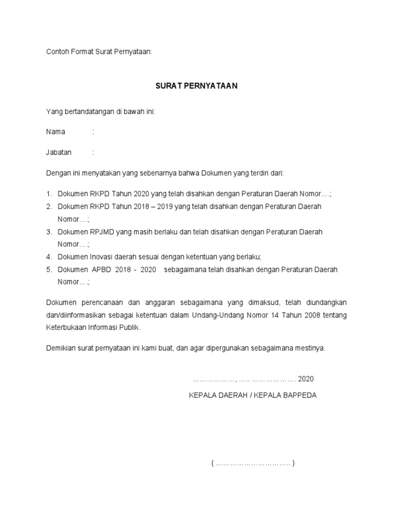 Contoh Format Surat Pernyataan Bappeda | PDF