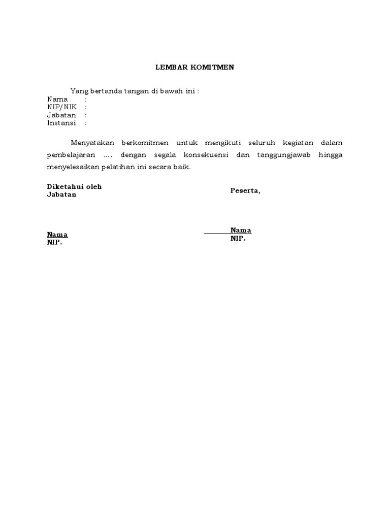 Contoh Lembar Komitmen Pelatihan | PDF