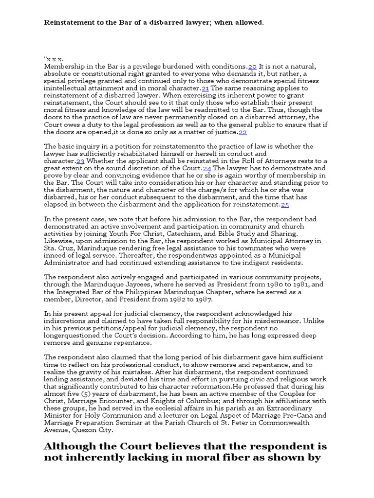 Reinstatement To The Bar of A Disbarred Lawyer | PDF | Disbarment | Bar ...