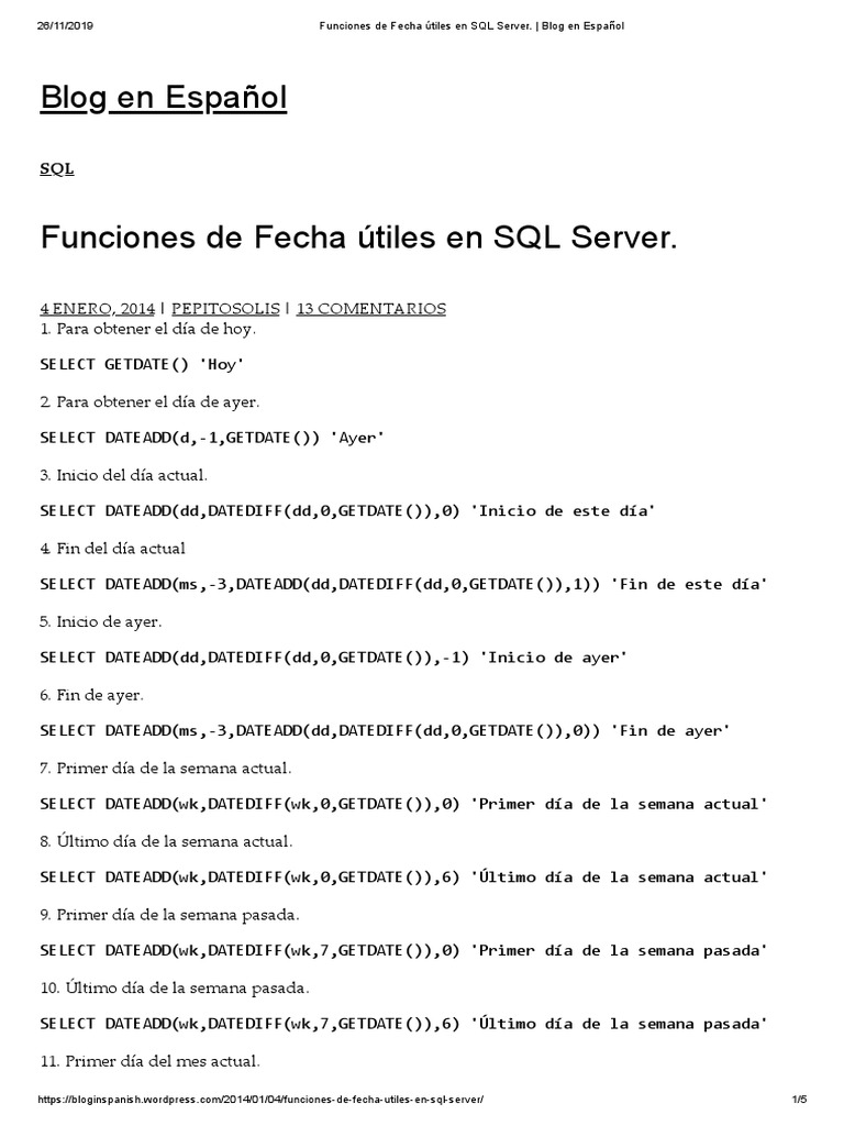 Funciones de Fecha Útiles en SQL Server. - Blog en Español | PDF ...