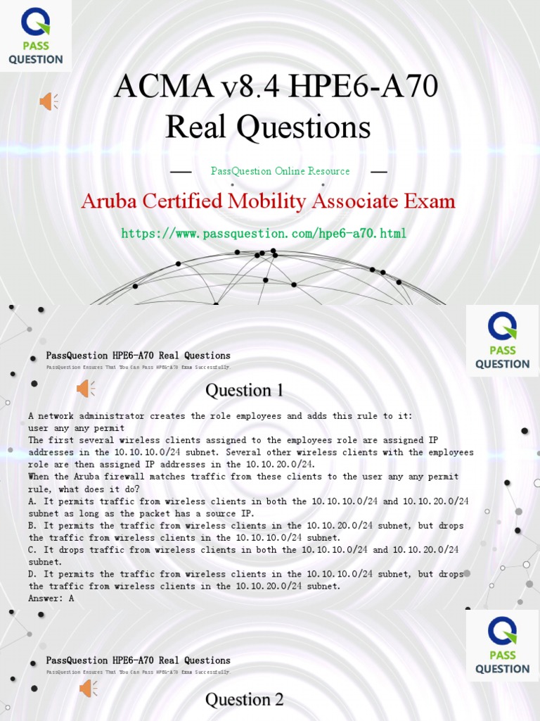 ACMA V8.4 HPE6-A70 Practice Test Questions | PDF | Wireless Lan | Radius