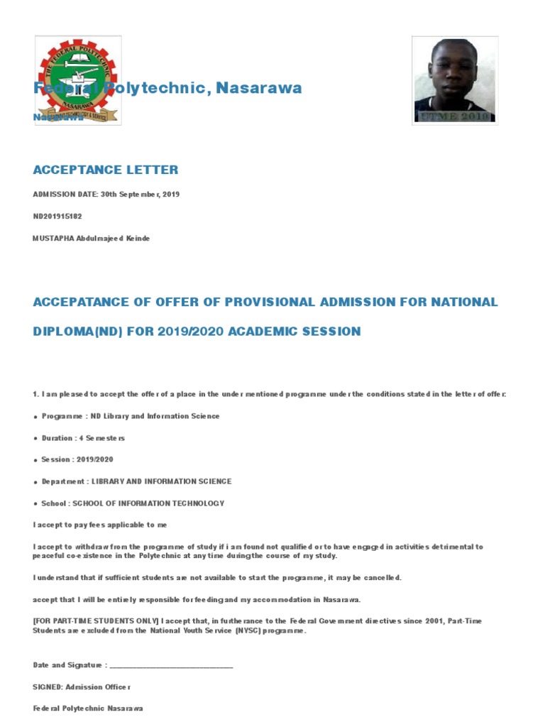Federal Polytechnic Nasarawa Admission Letter | PDF