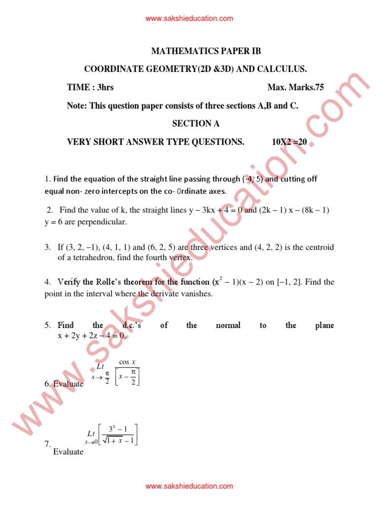 Junior Inter 1b 2 Model Paper 2 | PDF | Derivative | Line (Geometry)