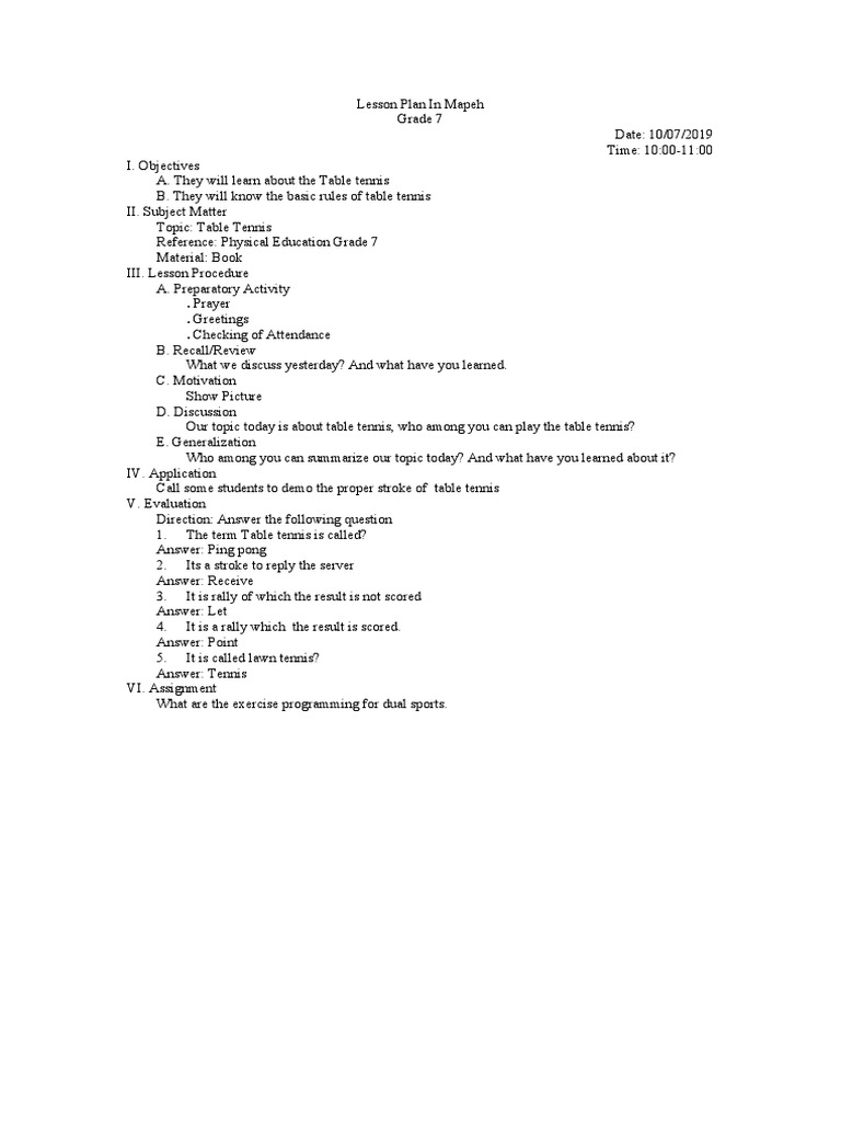 DLP Mapeh G7 | PDF | Table Tennis | Lesson Plan