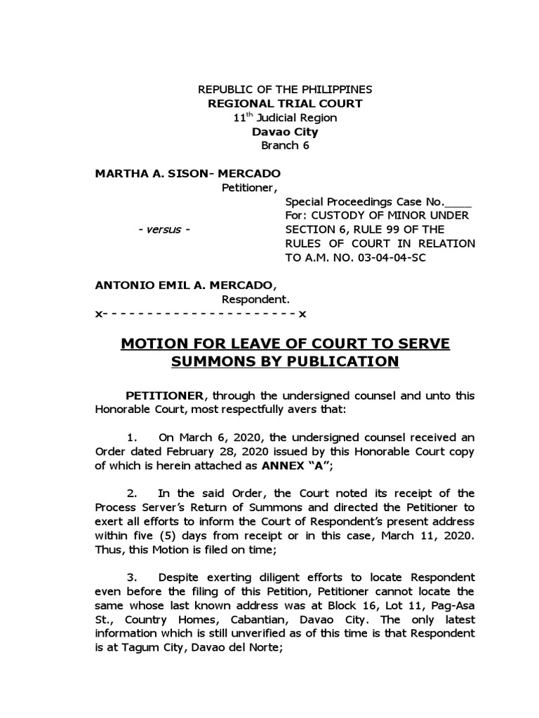 Motion For Leave of Court To Serve Summons by Publication | PDF ...