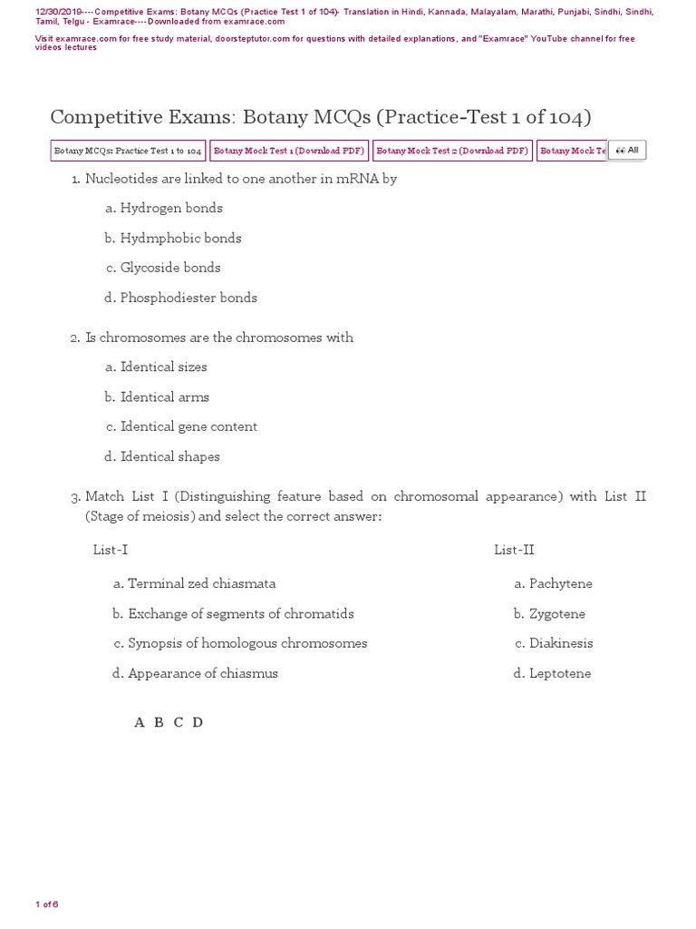 Botany MCQs Practice Test 1 PDF | PDF | Meiosis | Plant Breeding
