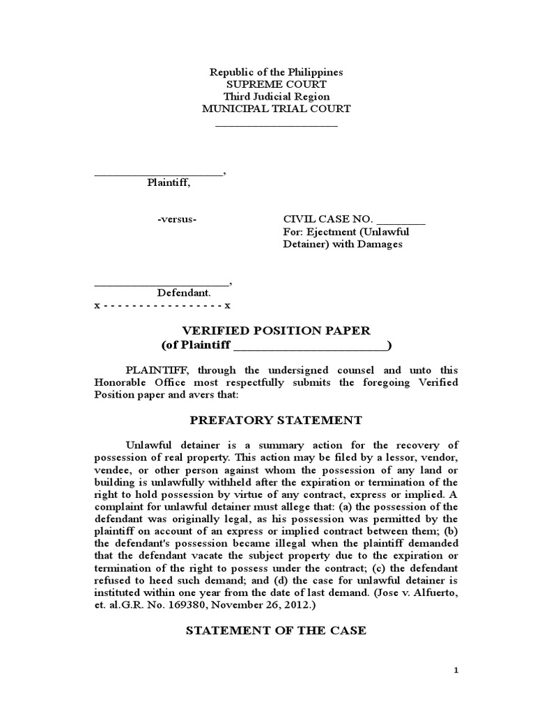 Position Paper MTCC Ejectment Case | PDF | Complaint | Eviction