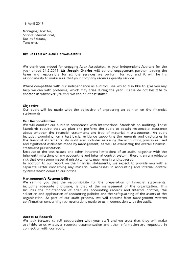 Small Audit Firm Engagement Letter | Download Free PDF | Financial ...