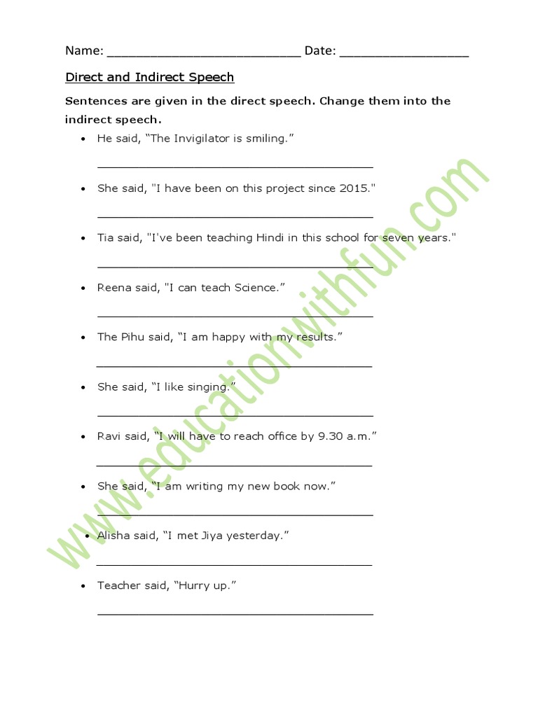 Direct and Indirect Speech Worksheet 2 | PDF