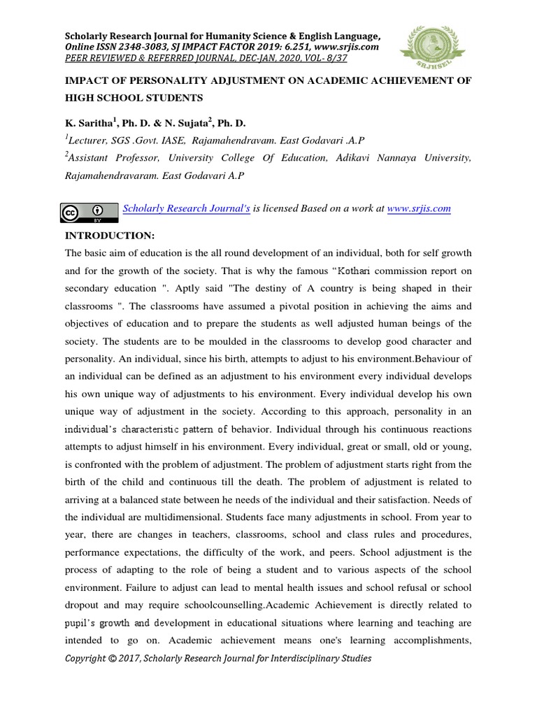 Impact of Personality Adjustment On Academic Achievement of High School ...
