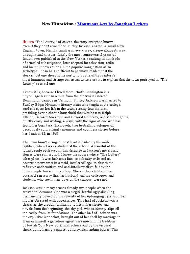 Sample Analysis New Historicism Monstrous Acts by Jonathan Lethem | PDF