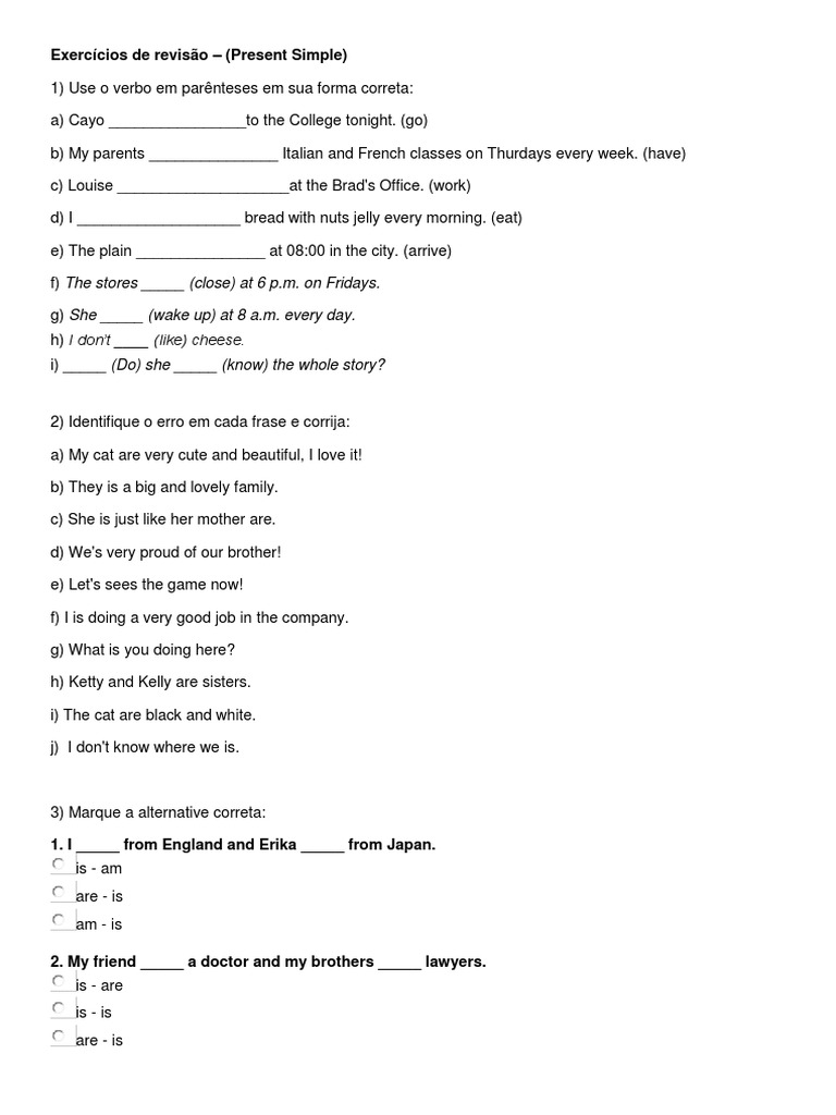 Exercícios de Revisão (Present Simple) | PDF